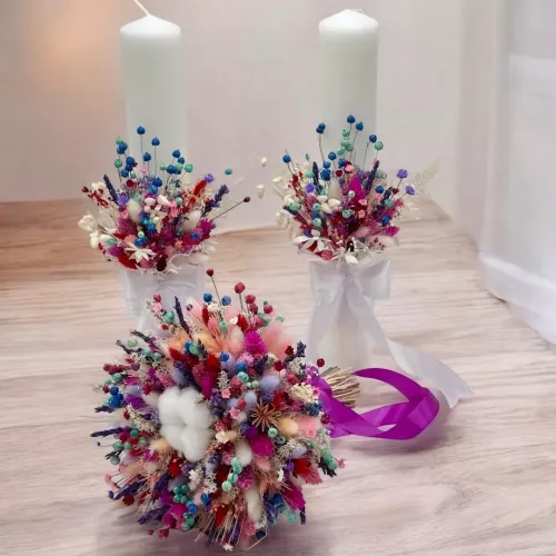 Set buchet si lumanari cu flori de bumbac si plante naturale uscate ...
