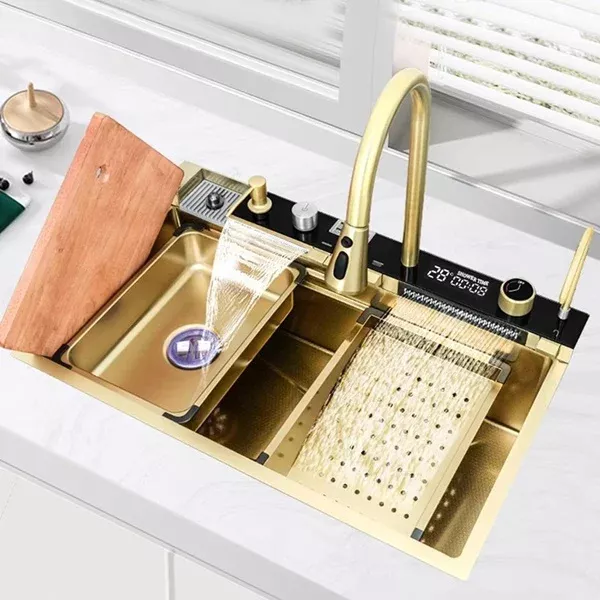 Chiuveta bucatarie multifunctionala Dus Extractabil Tocator Lemn LCD ...