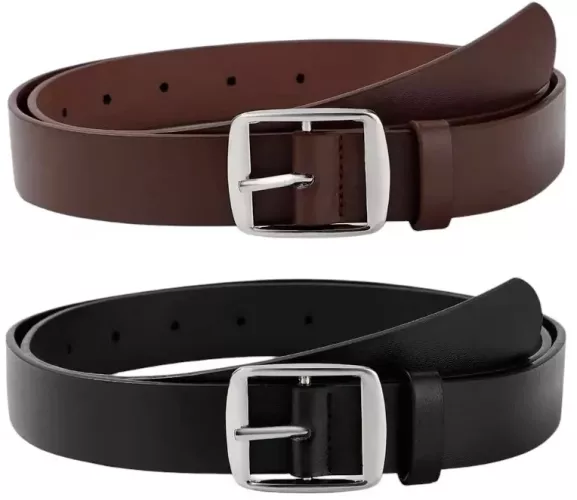 Set 2 curele barbati Negru si Maro piele PU casual cu catarama patrata ...