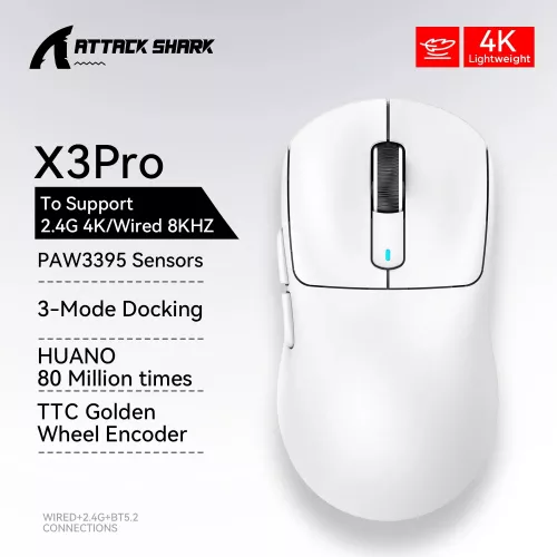 Atac Shark X3 Mouse Bluetooth PixArt PAW3395 Conexiune Tri-Mod - X3Pro Alb-4K - cel.ro
