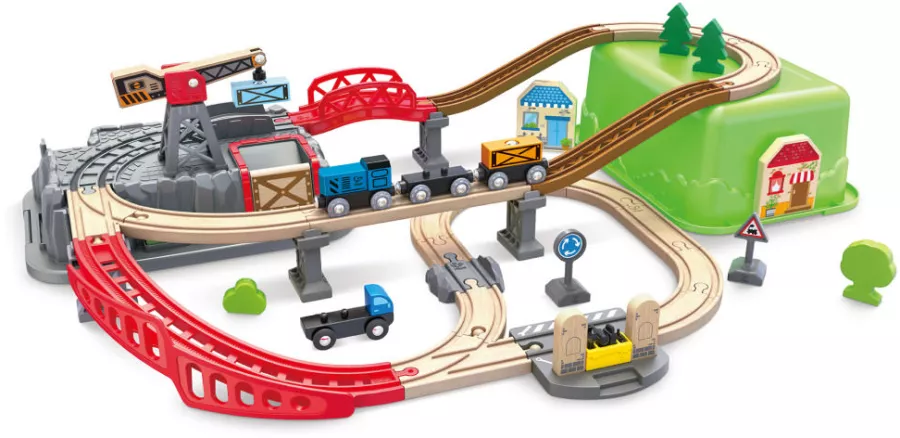 Set trenulet de lemn cu cutie depozitare 50 piese Hape TAG_E3764B - cel.ro