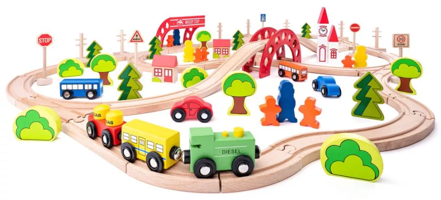 Set trenulet din lemn cu pod si bariera 90 piese TAG_93062 - cel.ro