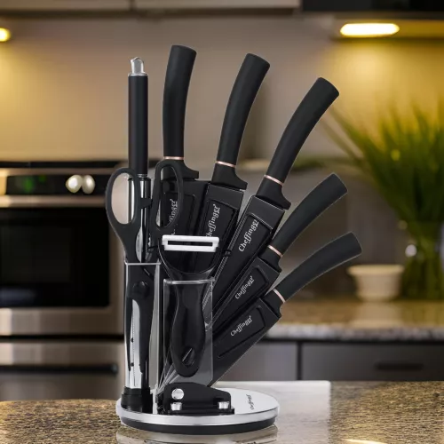 Set de cutite cu 9 piese cutit de bucatar suport pentru cutite rotativ otel