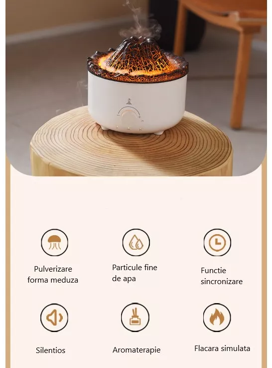 Umidificator de tip vulcan cu aromaterapie cu telecomanda 560 ml model ...