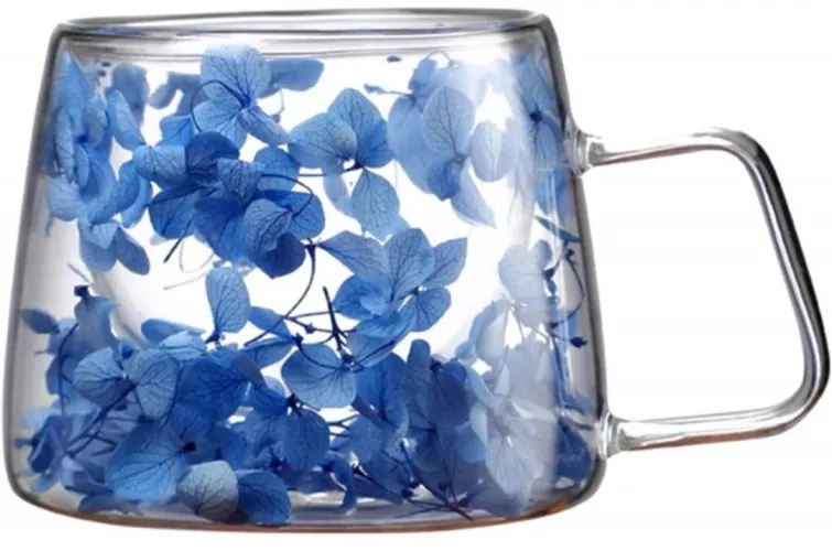 Cana cu hortensii albastre pereti dubli sticla borosilicata 180 ml ...