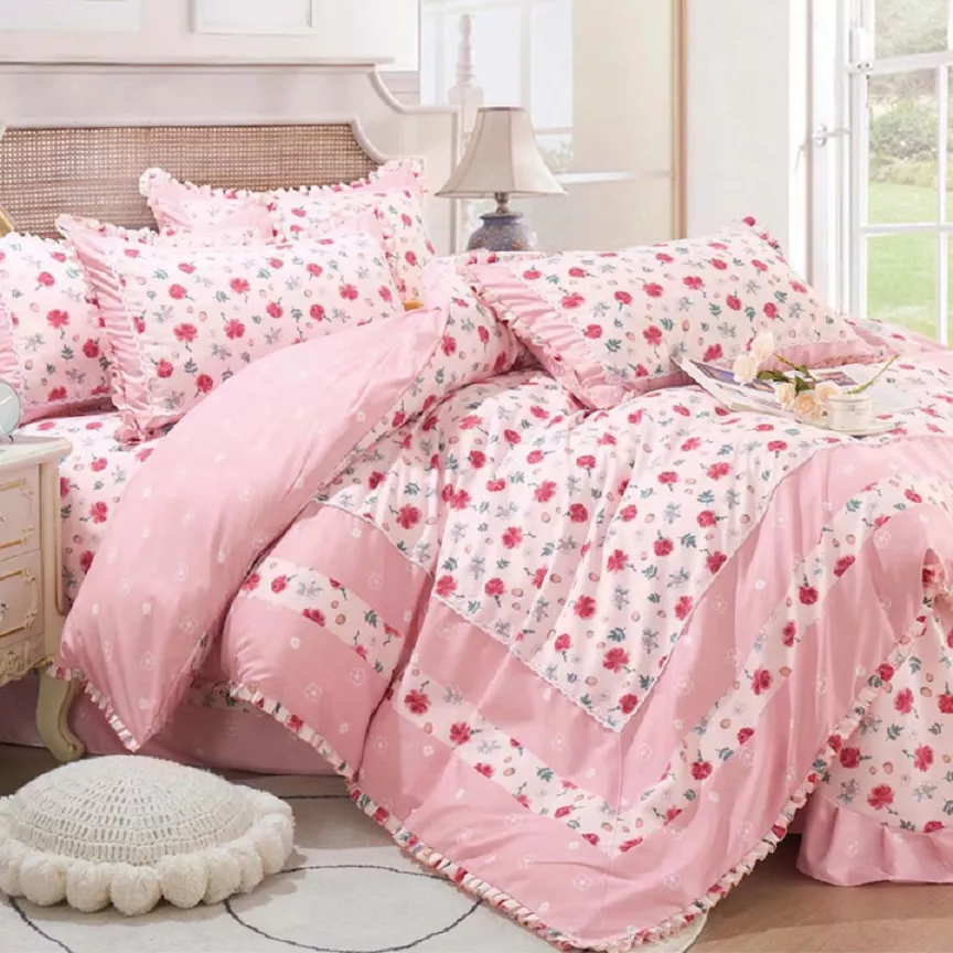 Lenjerie de pat 4 piese dublu Deluxe din Bumbac Soft Touch cu Volanase - cel.ro