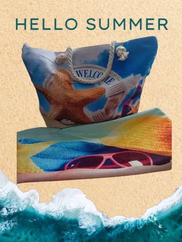 Set Geanta de Plaja Model Stea de Mare 55 x 38 cm + Prosop de Plaja 140 ...