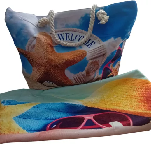 Set Geanta de Plaja Model Stea de Mare 55 x 38 cm + Prosop de Plaja 140 ...