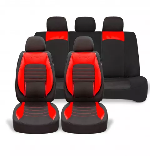 Set huse scaune auto universale piele ecologica rosie cu material ...