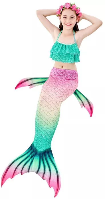 Set 4 piese costum de baie Sirena Ariel Roz/Verde Include coada ...