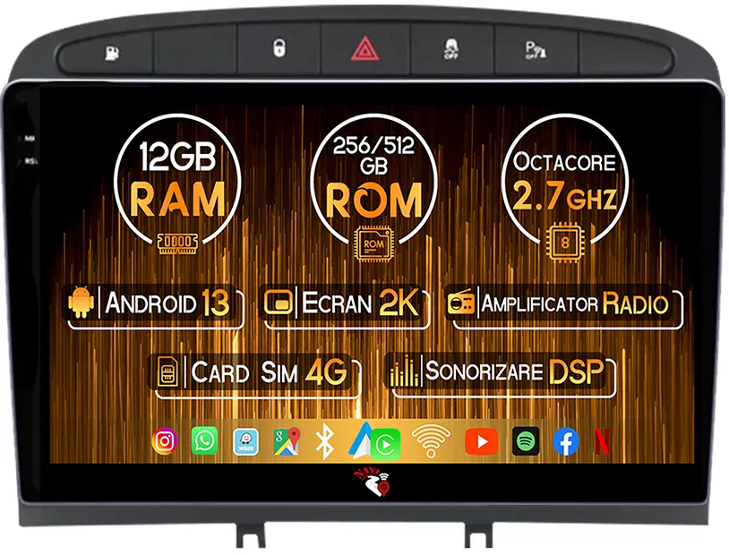 Navigatie dedicata Peugeot 408 GRAY 12GB RAM 256GB ROM Android 13 Rezolutie 2K