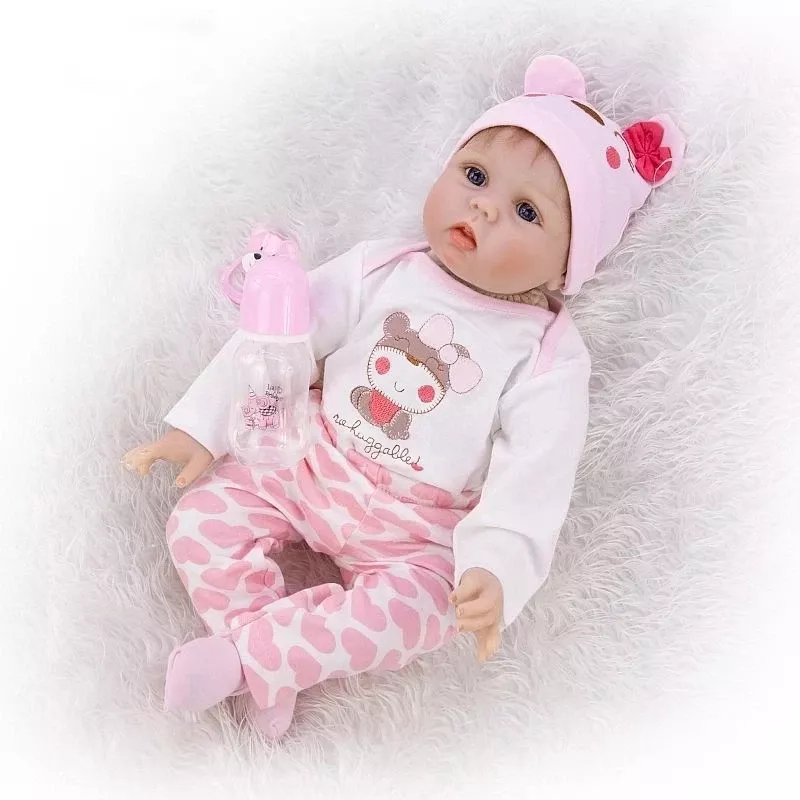 Papusa bebelus 55 cm aspect realist hainute roz 5 accesorii suzeta ...