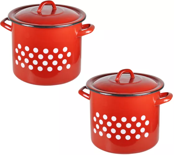 Pachet - 2 x Oala emailata rosie cu buline albe cu capac 10L bitx ...