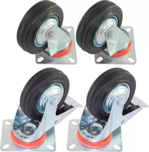 Set 2 roti fixe si 2 roti pivotante cu frana din cauciuc plin cu placa ...