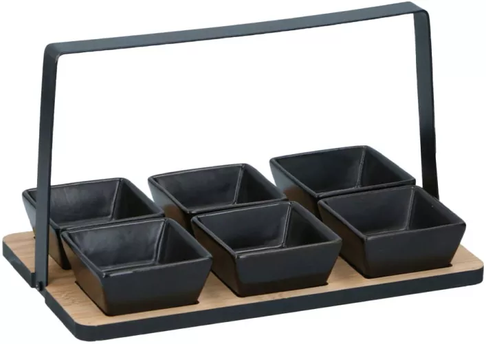 Set 6 boluri ceramice elegante negre cu suport metalic si bambus pentru