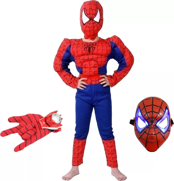 Set costum clasic Spiderman cu muschi rosu manusa discuri si masca LED ...