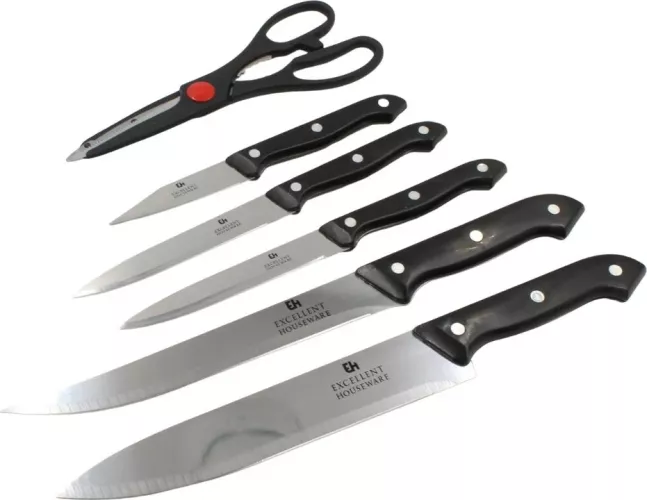 Set cutite Excellent Houseware 5 cutite foarfeca si suport din lemn