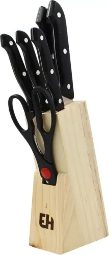 Set cutite Excellent Houseware 5 cutite foarfeca si suport din lemn