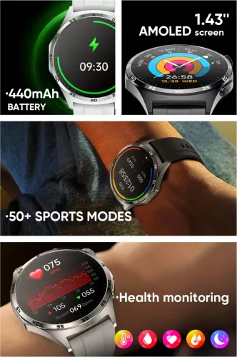 Smartwatch sport ZYTEQ® 1.43& Super AMOLED apel Bluetooth ECG ritm cardiac