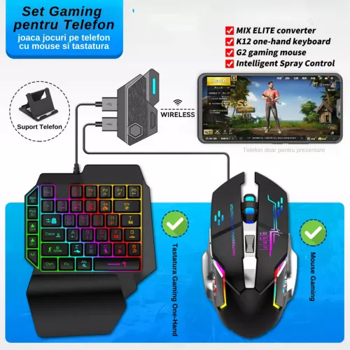 Kit Gaming Telefon cu Tastatura Iluminata 39 taste One Hand si mouse ...