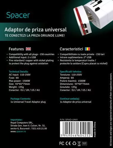 Adaptor priza SPACER universal + 2 x USB Alb