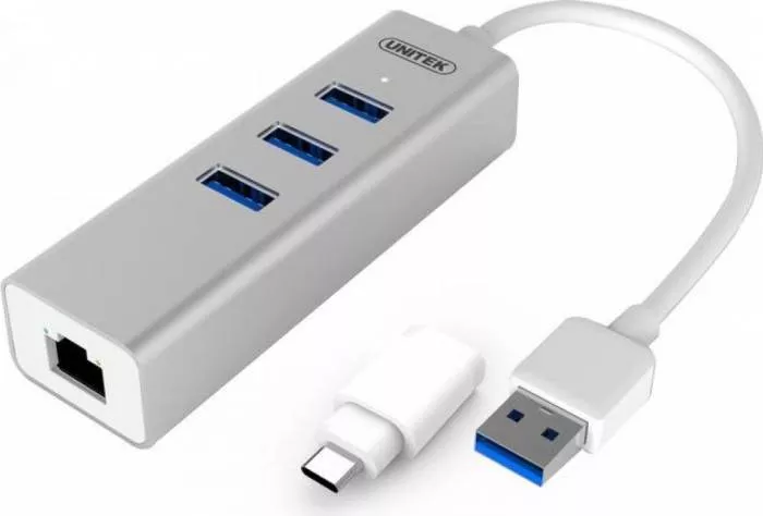 Hub USB Unitek 3xUSB 3.0 Gigabit port si adaptor USB Type C Alb y-3083b ...