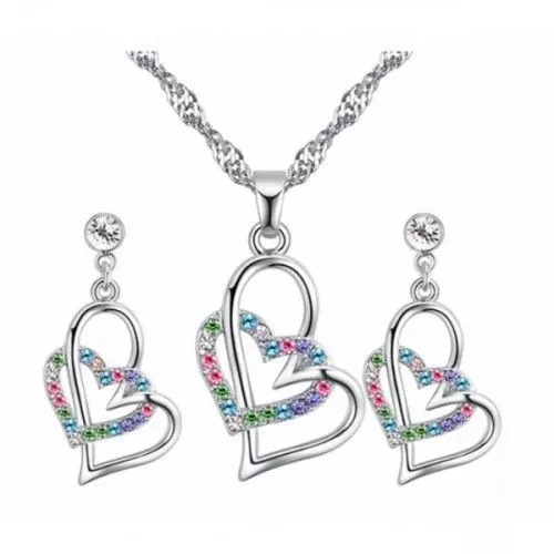 Set argint femei Double Hearth Inimi Duble cu elemente swarovski Multicolor - cel.ro