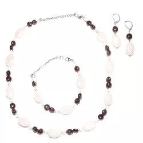 Set bijuterii GANELLI pietre semipretioase Granat Cuart roz - colier ...