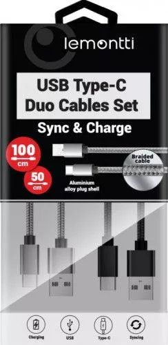 Set Cabluri de date Lemontti USB Type-C 5V1A 0.5m si 1m impletitura ...