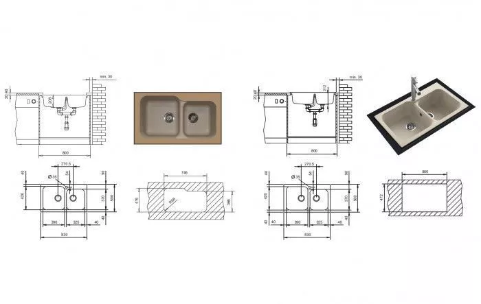 Set Pyramis Twin DUROTHEK si baterie OSSIA 830x500mm adancime 210mm ...