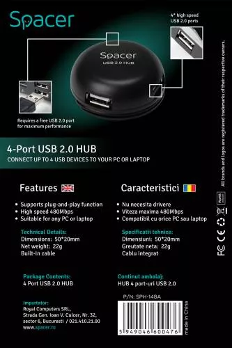 USB Hub Spacer SPH-148A 4 x USB 2.0 Negru sph-148a - cel.ro